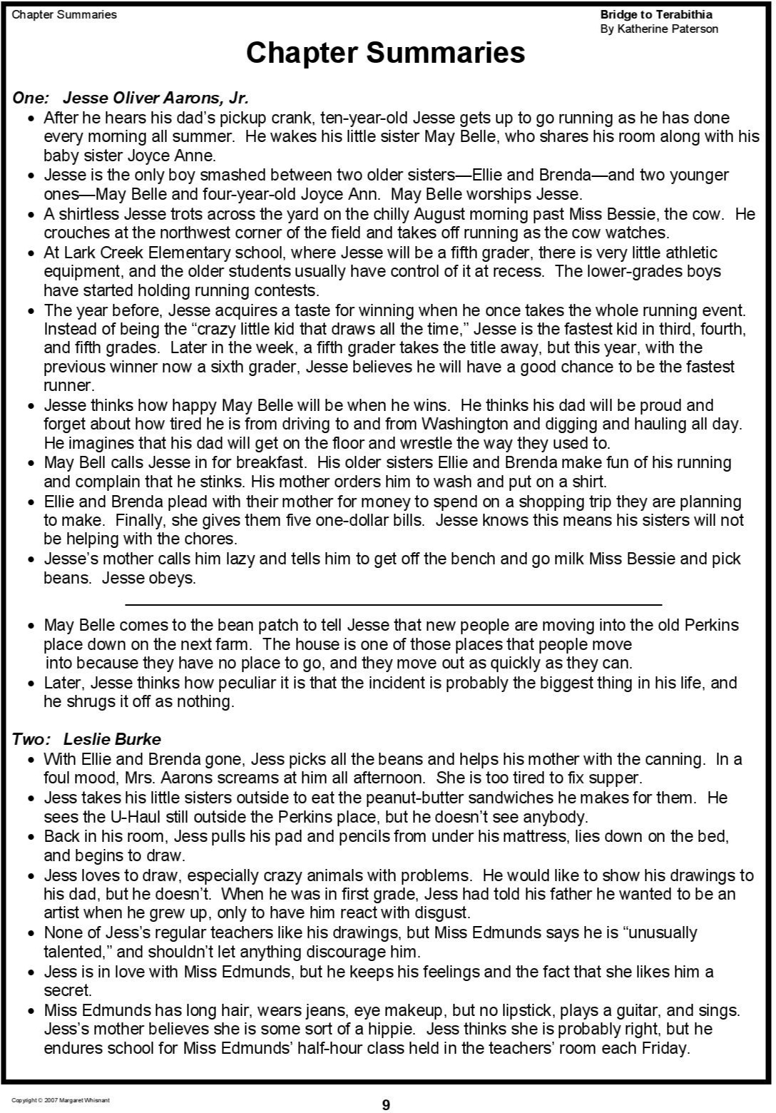 Bridge to Terabithia Comprehension Tests and Summaries