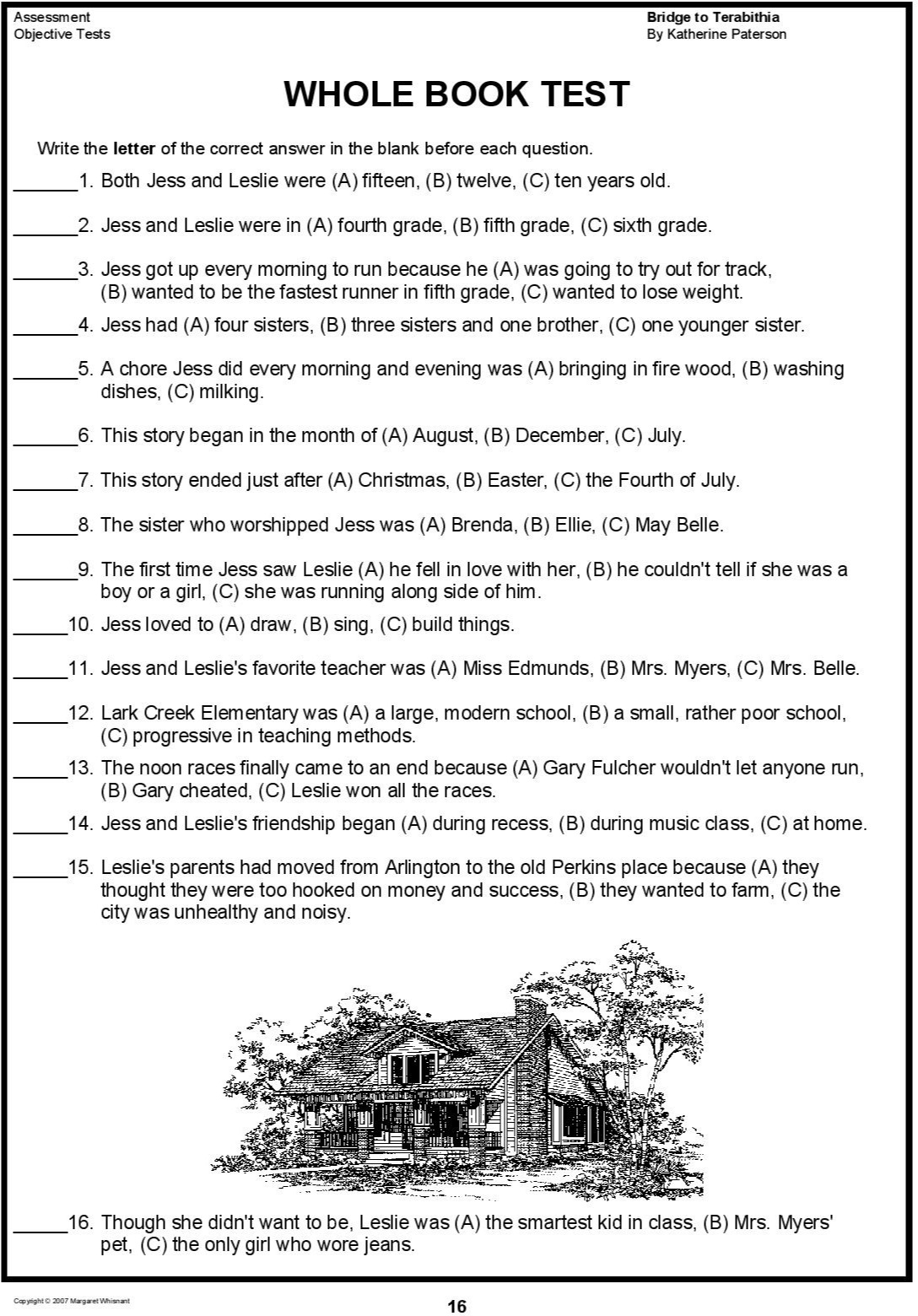 Bridge to Terabithia Whole Book Comprehension Test/Quiz