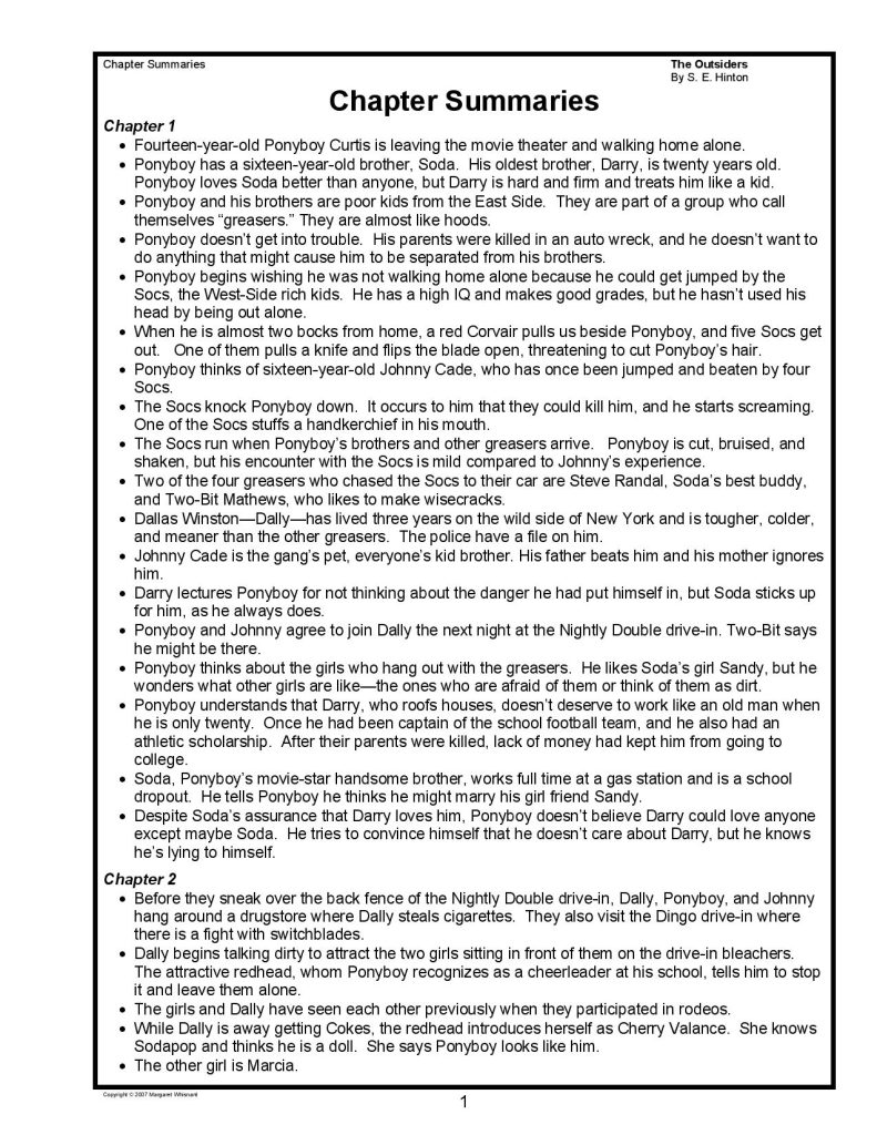 The Outsiders Chapter Comprehension Tests and Summaries