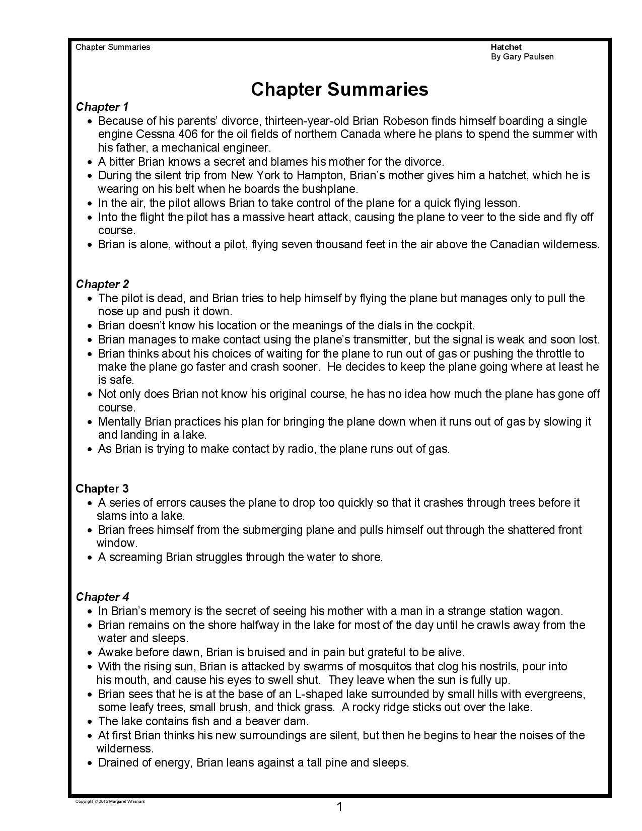 Hatchet Chapter Comprehension Tests and Summaries/Quizzes