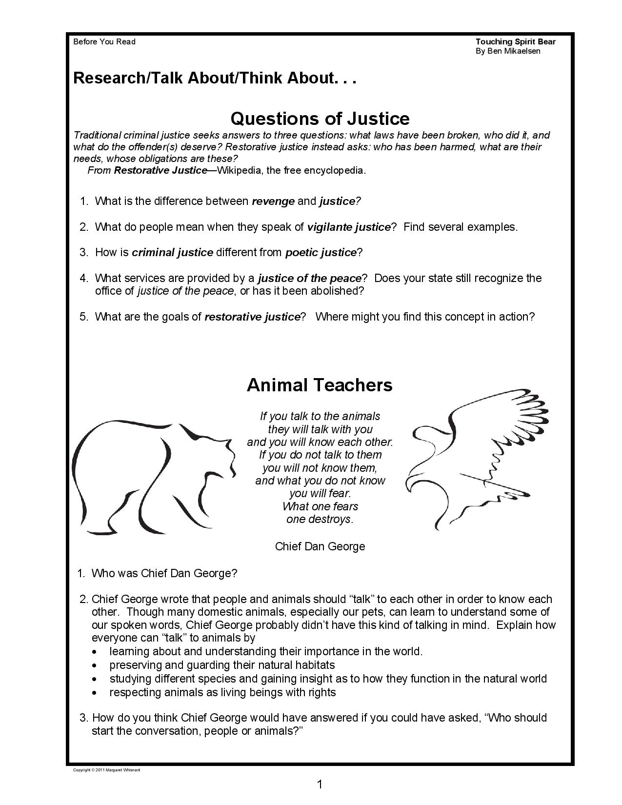 Touching Spirit Bear Prereading Vocab Short Answer Questions