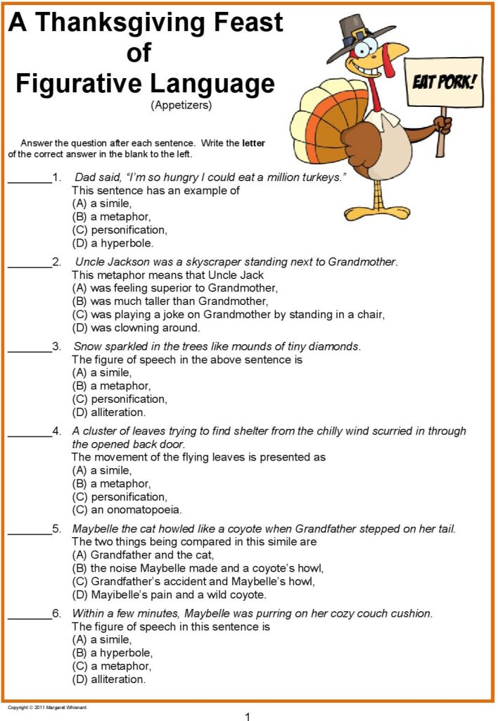 Thanksgiving Figurative Language A Feast on Worksheets