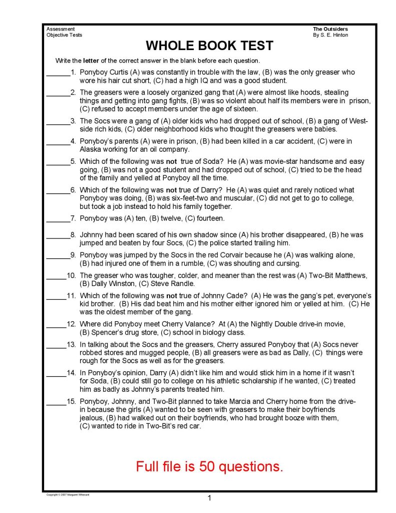 The Outsiders Whole Book Comprehension Test 7th 8th Quiz