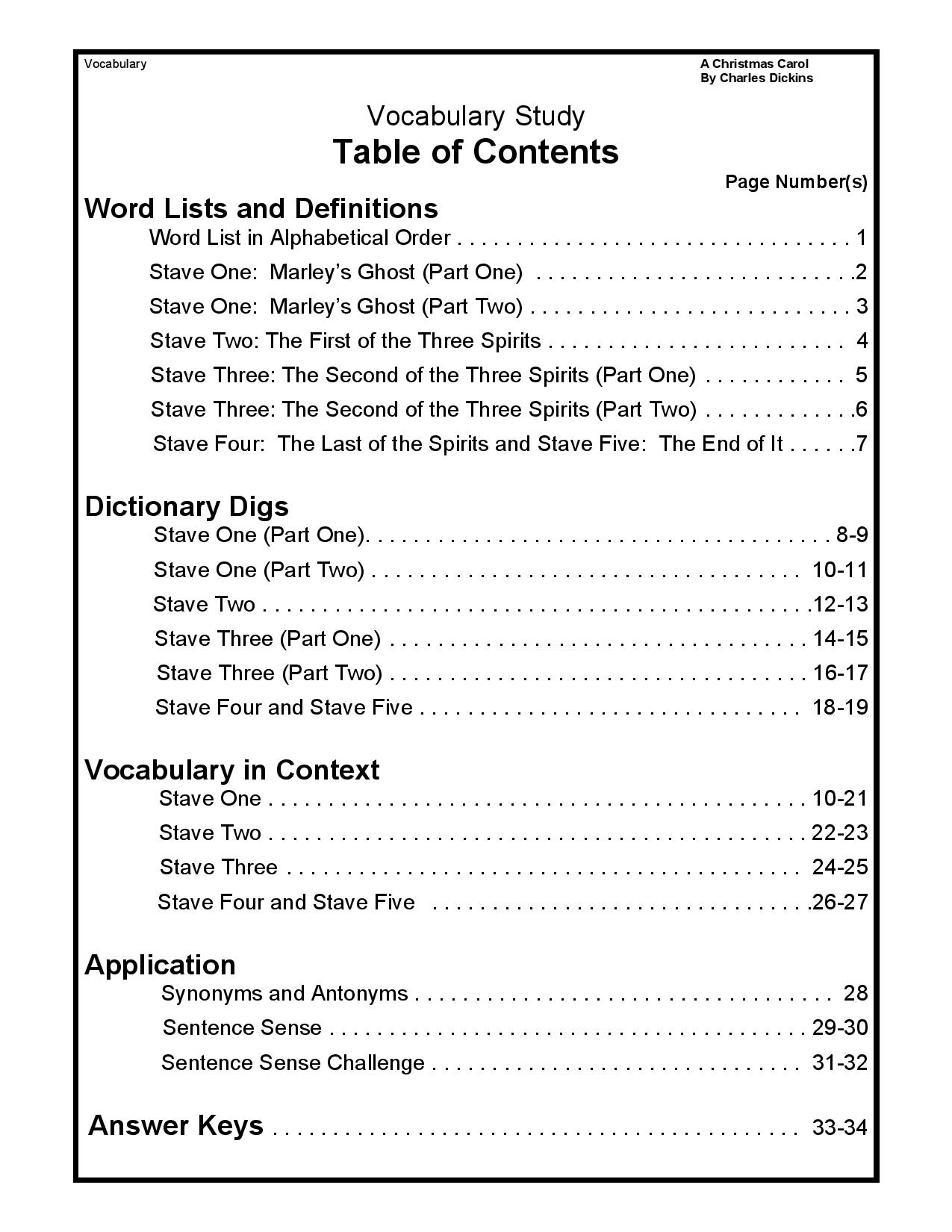 A Christmas Carol Vocabulary Study/Word Lists, Worksheets