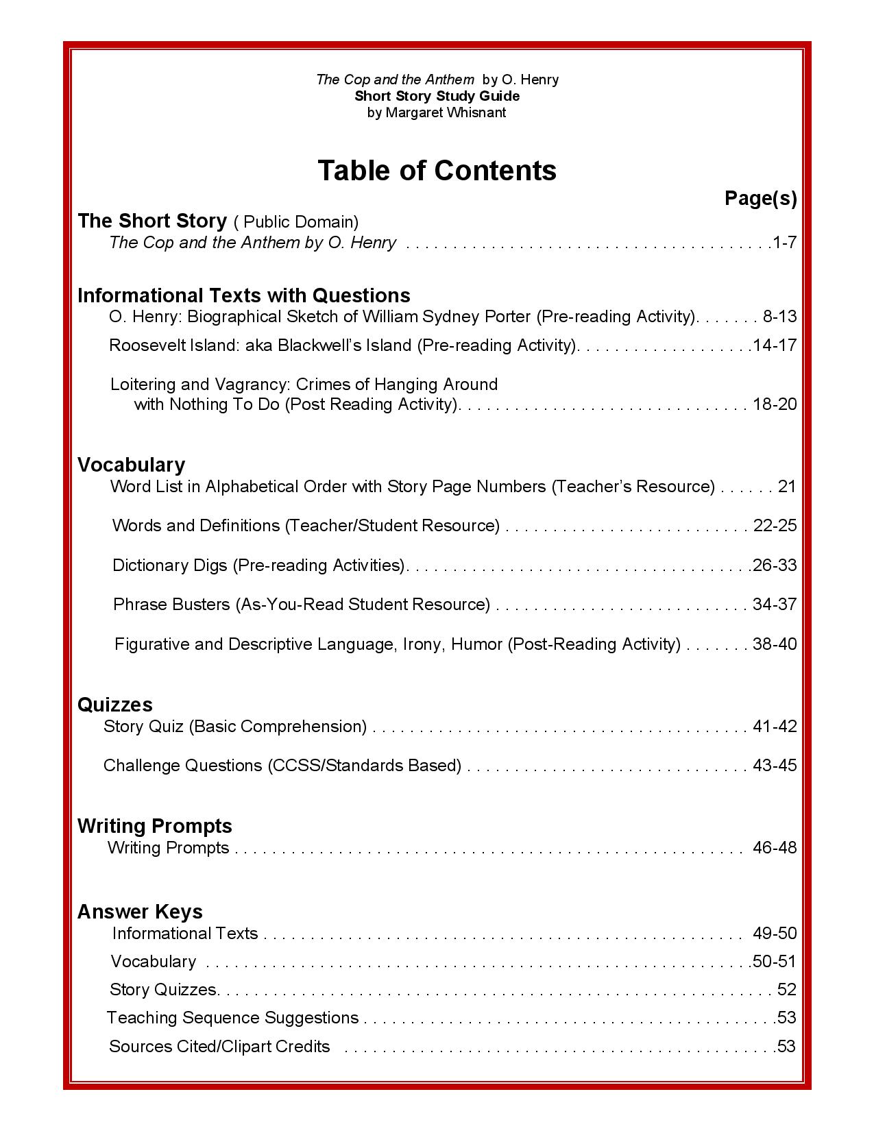 The Cop and the Anthem by O. Henry Short Story Study Guide