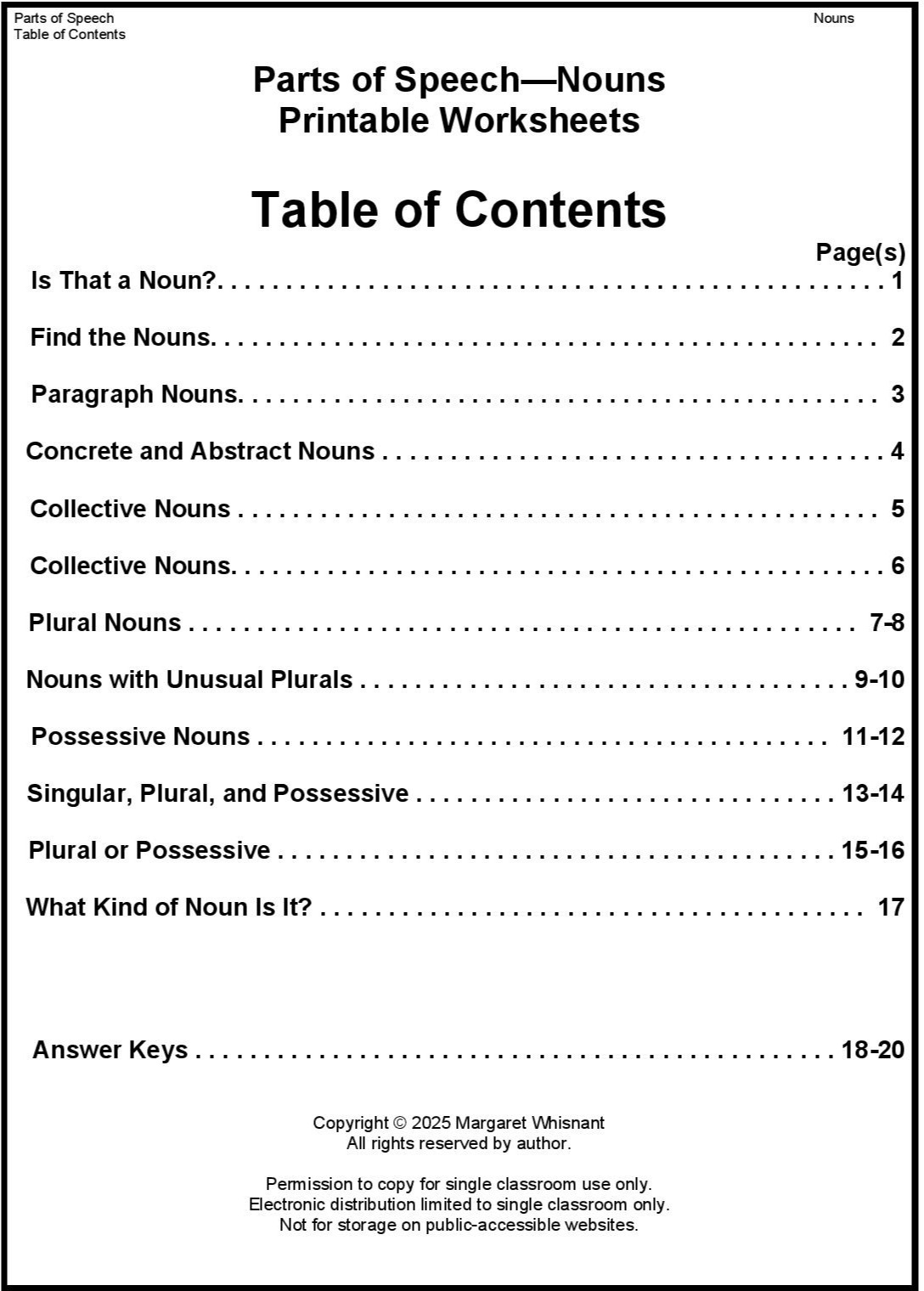 Nouns Study Worksheets for 6th 7th 8th Grammar Answer Keys