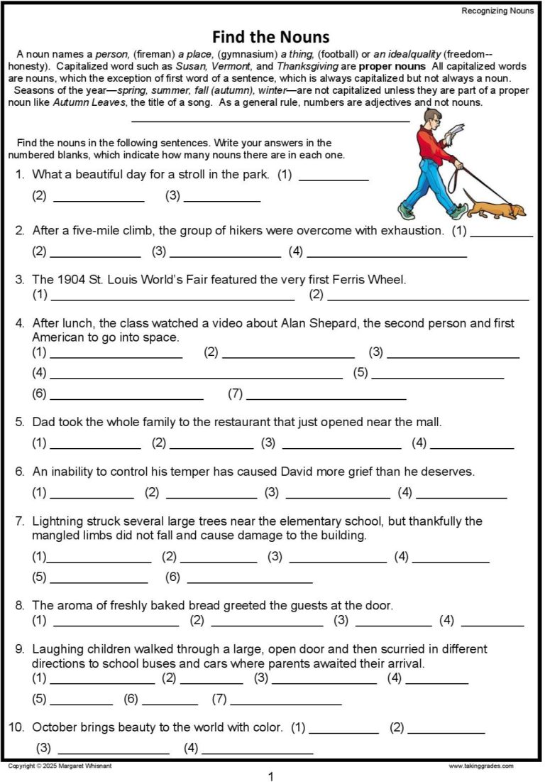 Nouns Study Worksheets for 6th 7th 8th Grammar Answer Keys