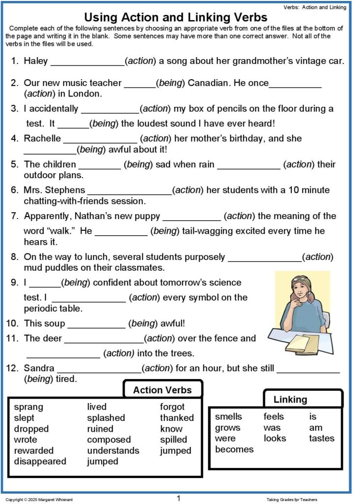 Verbs Study Worksheet Printables 5th, 7th, 8th Grades Tenses