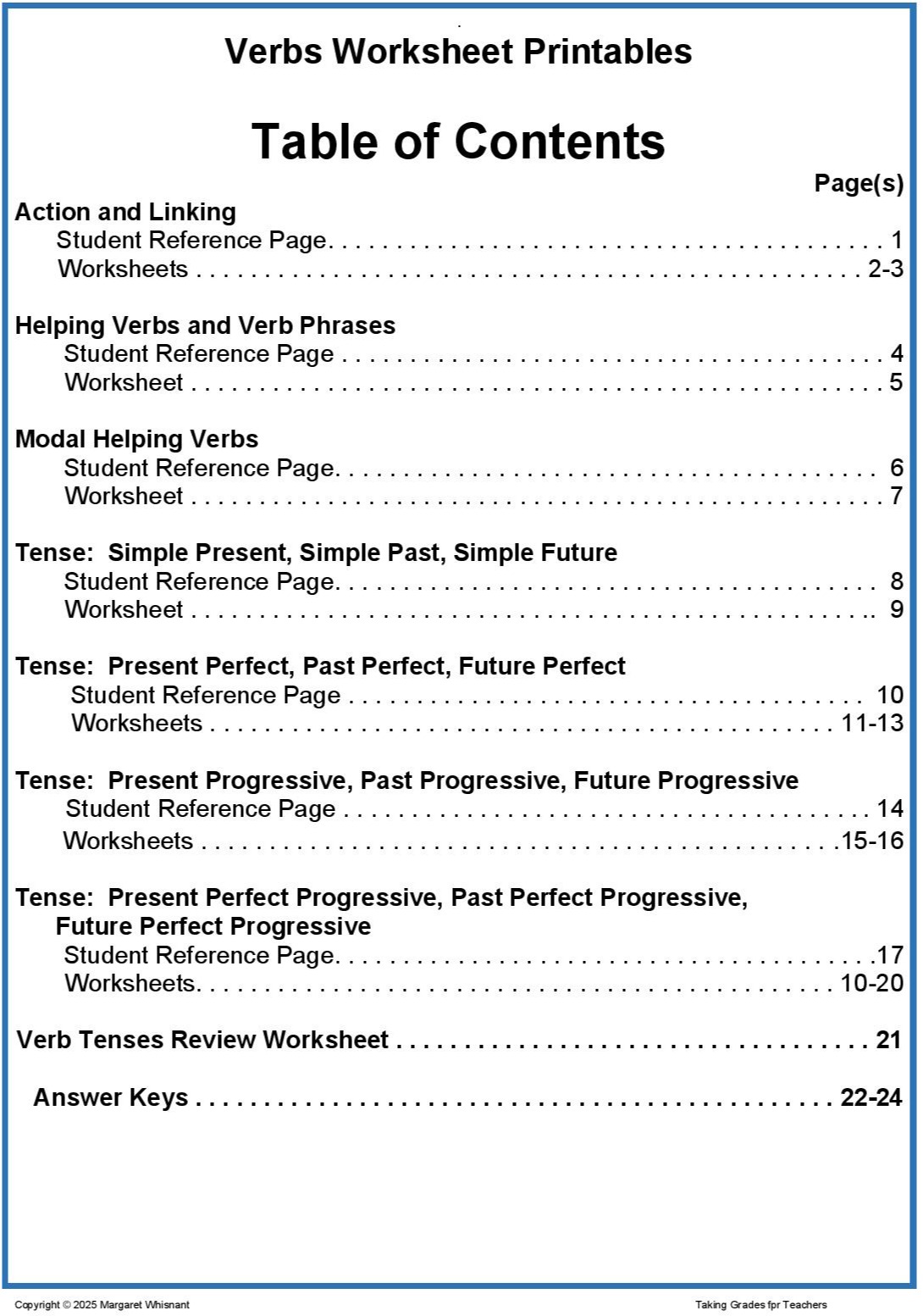Verbs Study Worksheet Printables 5th, 7th, 8th Grades Tenses