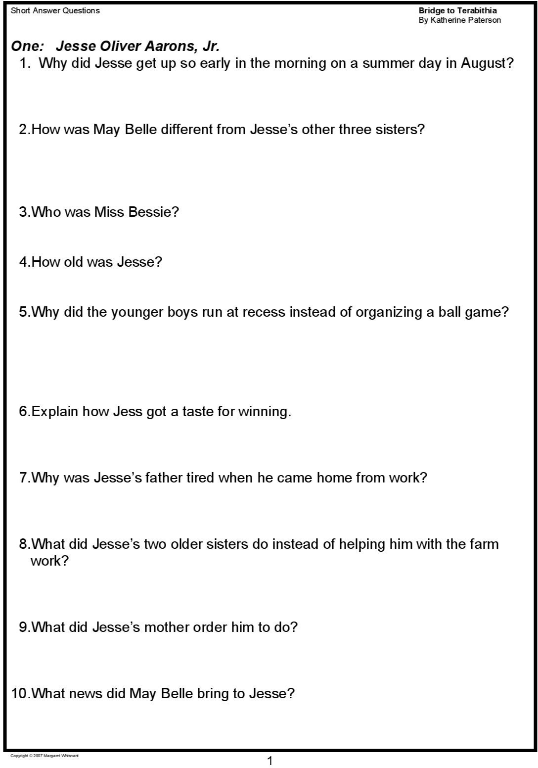 Bridge to Terabithia Short Answer Comprehension Questions